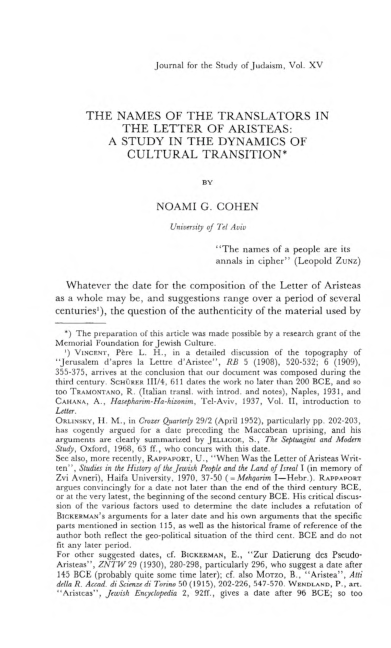 (PDF) THE NAMES OF THE TRANSLATORS IN THE LETTER OF ARISTEAS [6]