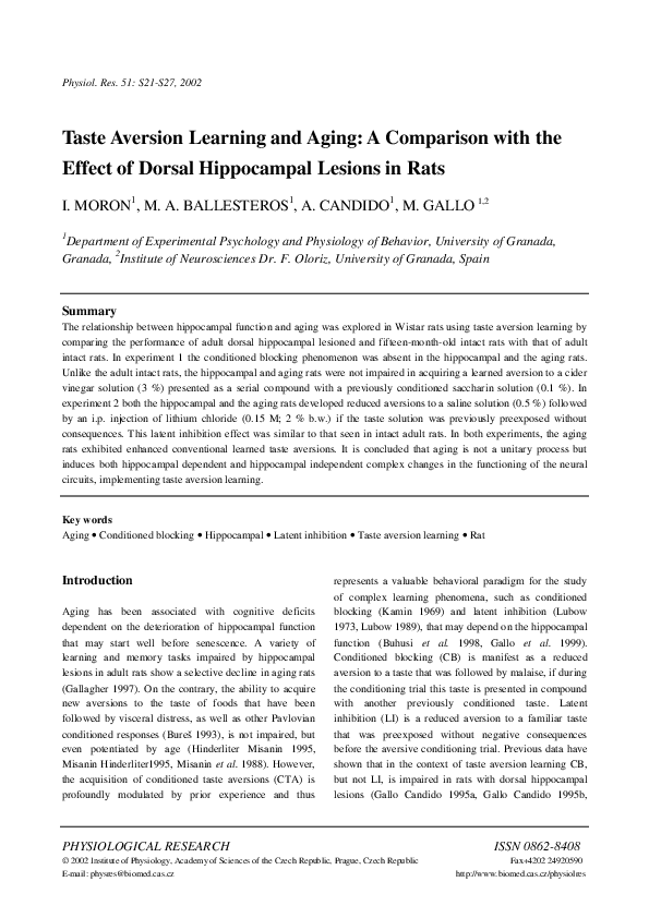 (PDF) Taste aversion learning and aging: a comparison with the effect of dorsal hippocampal ...