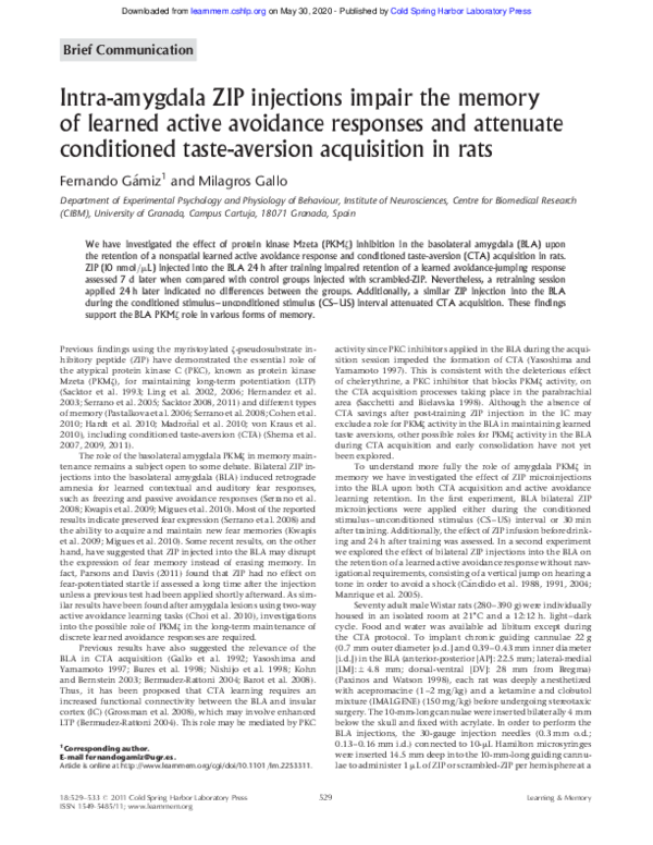 (PDF) Intra-amygdala ZIP injections impair the memory of learned active ...