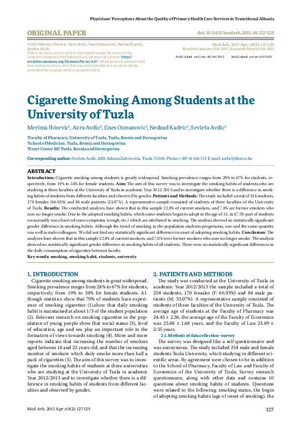 (PDF) Cigarette Smoking Among Students at the University of Tuzla