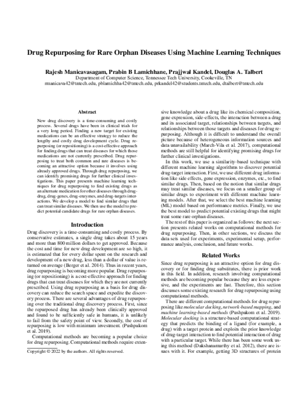 (PDF) Drug Repurposing for Rare Orphan Diseases Using Machine Learning ...