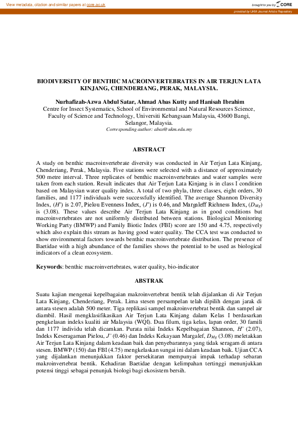 (PDF) Biodiversity of Benthic Macroinvertebrates in Air Terjun Lata ...
