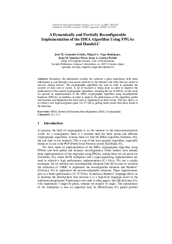 (PDF) A Dynamically and Partially Reconfigurable Implementation of the IDEA Algorithm Using ...