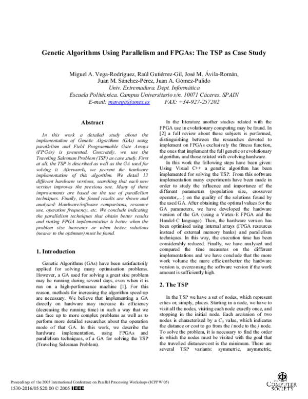 (PDF) Genetic Algorithms Using Parallelism and FPGAs: The TSP as Case Study