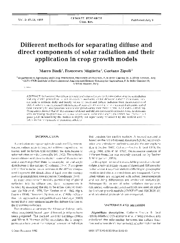 Pdf Different Methods For Separating Diffuse And Direct Components Of Solar Radiation And