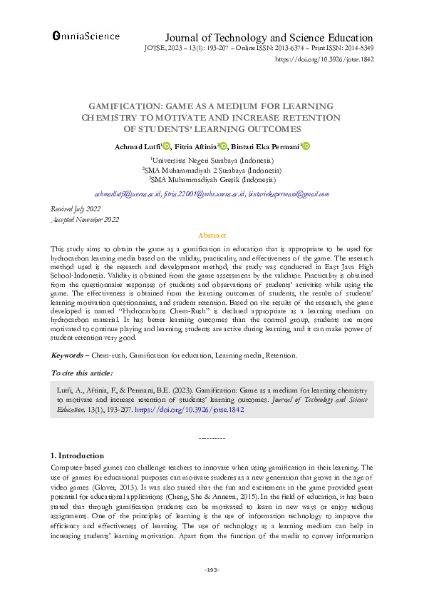 Pdf Gamification Game As A Medium For Learning Chemistry To Motivate