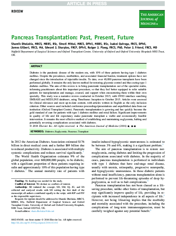 (PDF) Pancreas Transplantation: Past, Present, Future