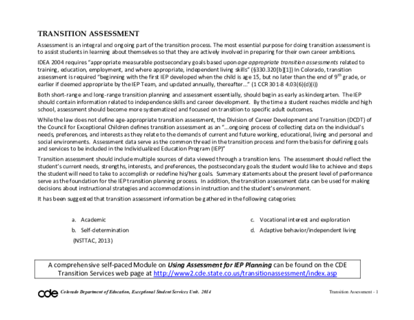 (PDF) Transition Assessment: Introduction to the Special Issue