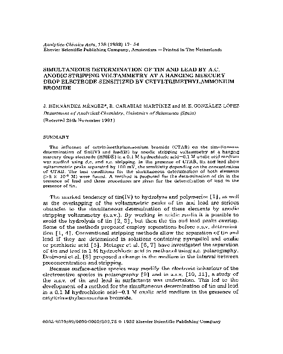 Pdf Simultaneous Determination Of Tin And Lead By A C Anodic Stripping Voltammetry At A