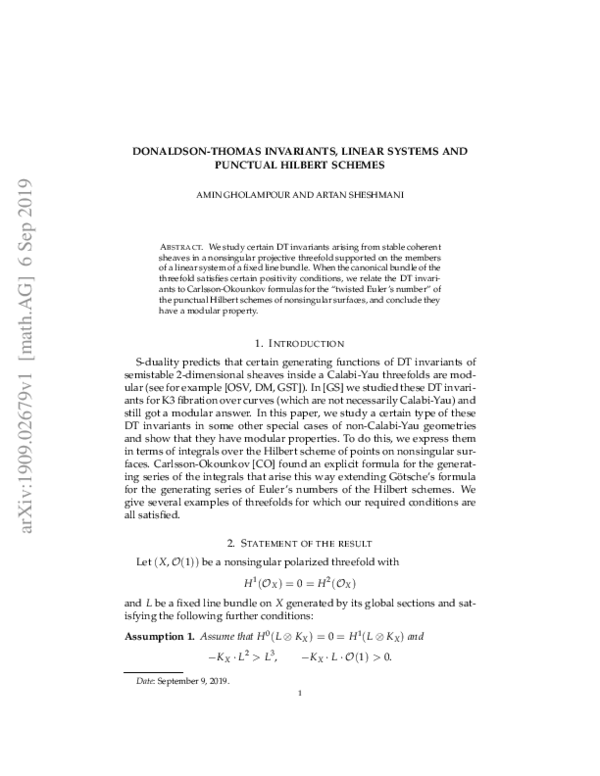 (PDF) Donaldson–Thomas invariants, linear systems and punctual Hilbert schemes