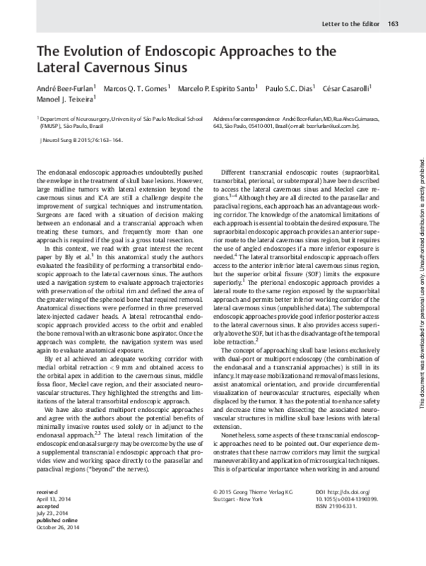 (PDF) The Evolution of Endoscopic Approaches to the Lateral Cavernous Sinus