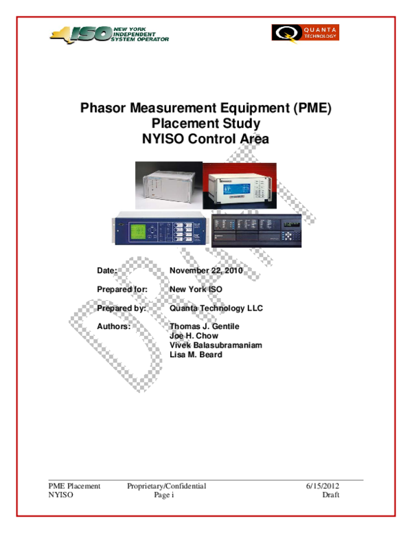 (PDF) Phasor Measurement Equipment (PME) Placement Study NYISO Control Area