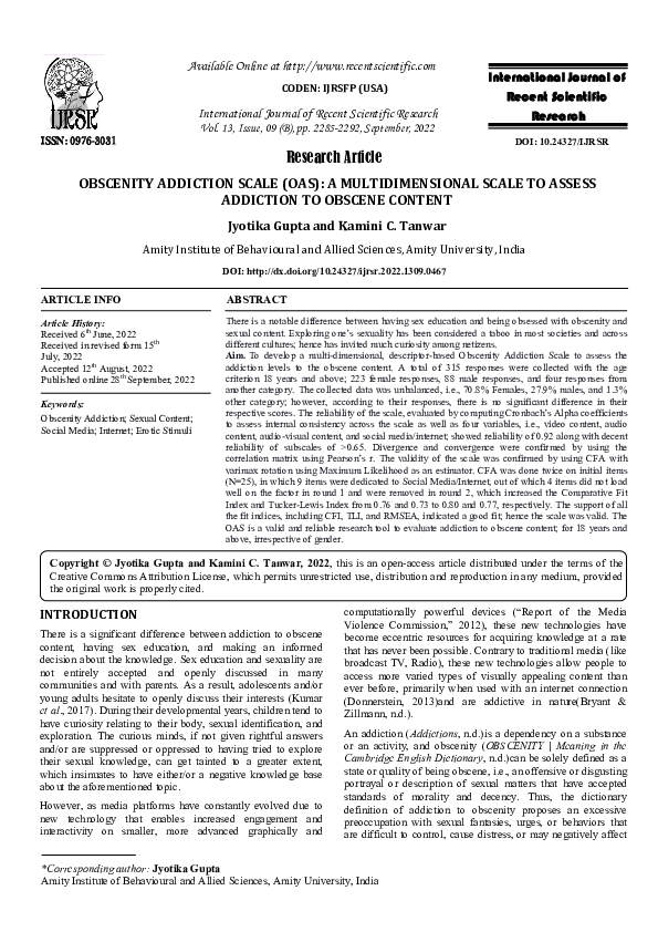 (PDF) OBSCENITY ADDICTION SCALE (OAS): A MULTIDIMENSIONAL SCALE TO ...