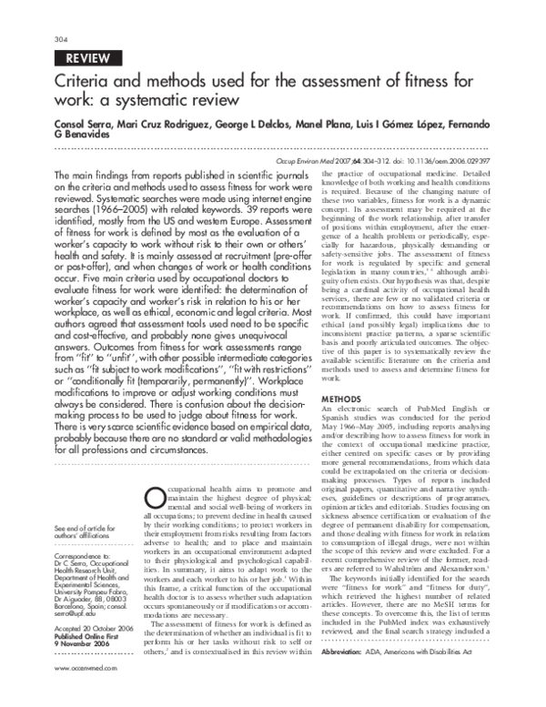 (PDF) Criteria and methods used for the assessment of fitness for work ...