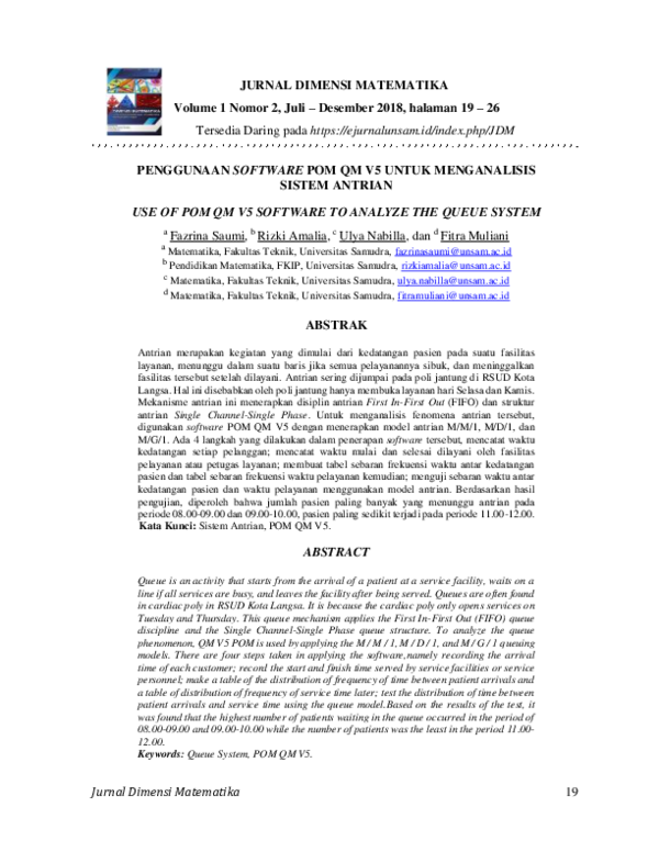 (PDF) Penggunaan Software Pom QM V5 Untuk Menganalisis Sistem Antrian