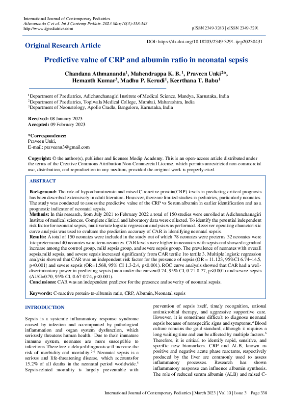 (PDF) Predictive value of CRP and albumin ratio in neonatal sepsis