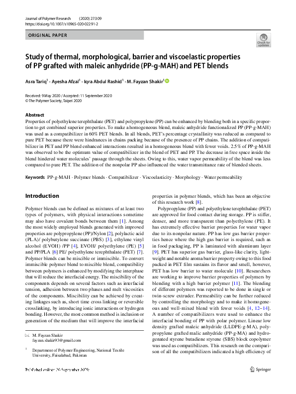 (PDF) Study of thermal, morphological, barrier and viscoelastic properties of PP grafted with ...