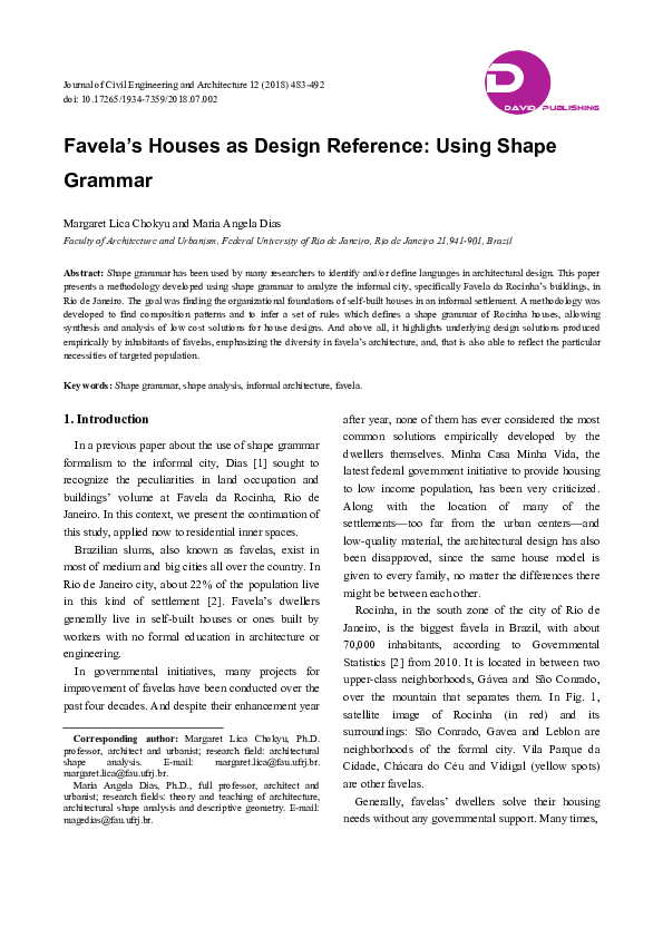 (PDF) Favela’s Houses as Design Reference: Using Shape Grammar