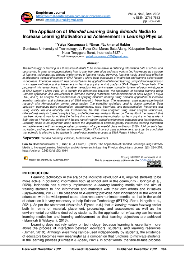 (PDF) The Application of Blended Learning Using Edmodo Media to Increase Learning Motivation and ...