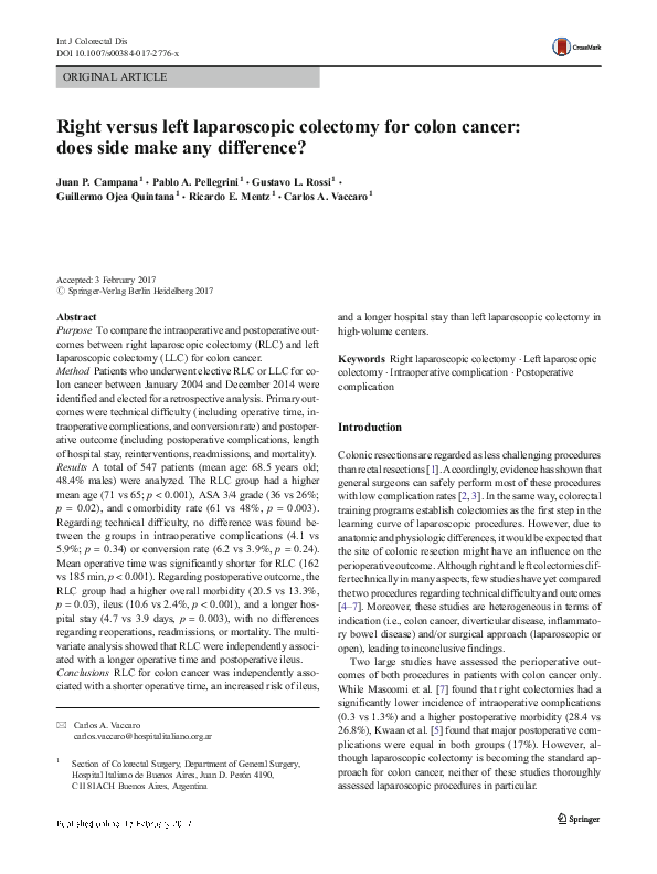(PDF) Right versus left laparoscopic colectomy for colon cancer: does ...
