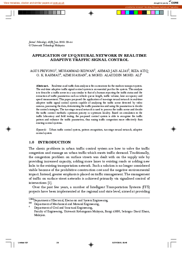 (PDF) Application of LVQ Neural Network in Real–Time Adaptive Traffic Signal Control