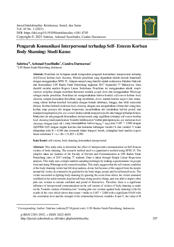 (PDF) Pengaruh Komunikasi Interpersonal terhadap Self- Esteem Korban Body Shaming: Studi Kasus ...
