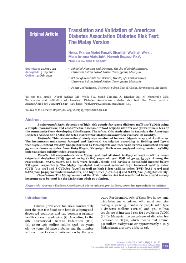 (PDF) Malay Version of ADA Diabetes Risk Test Validated