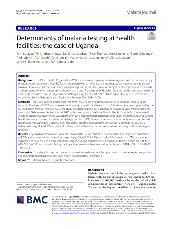 (PDF) Determinants of malaria testing at health facilities: the case of ...