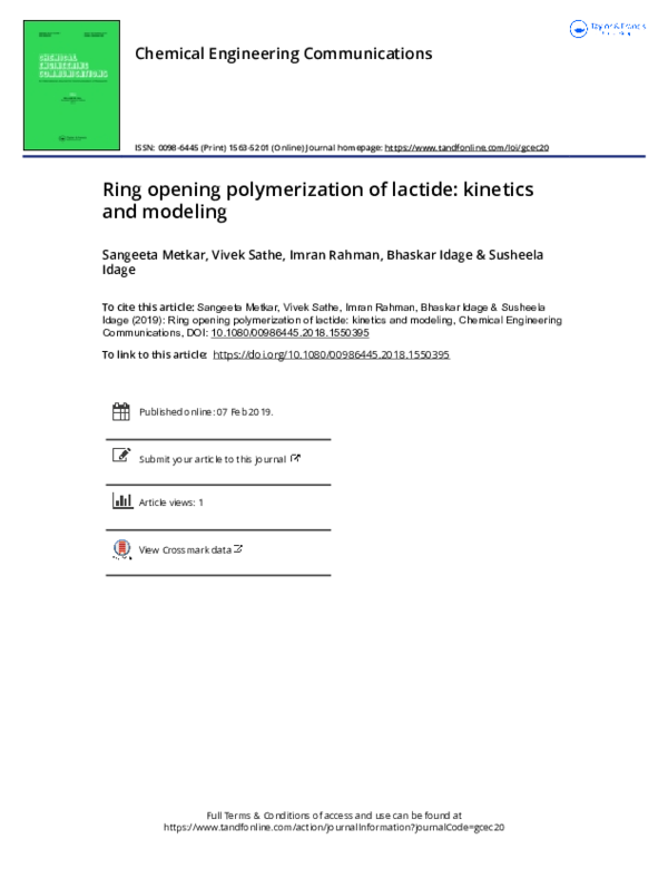 (PDF) Ring opening polymerization of lactide: kinetics and modeling