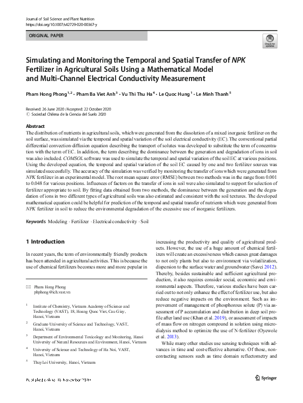 (PDF) Simulating and Monitoring the Temporal and Spatial Transfer of NPK Fertilizer in ...