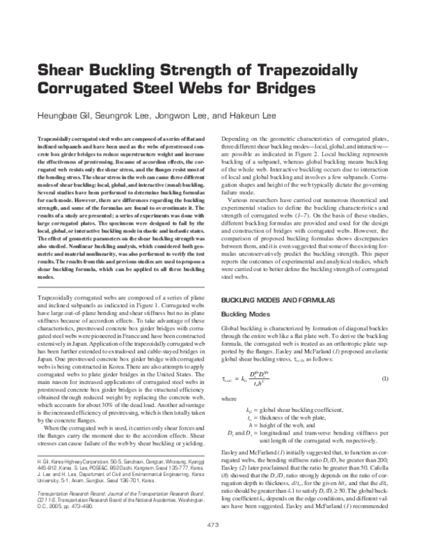 (PDF) Shear Buckling Strength of Trapezoidally Corrugated Steel Webs ...