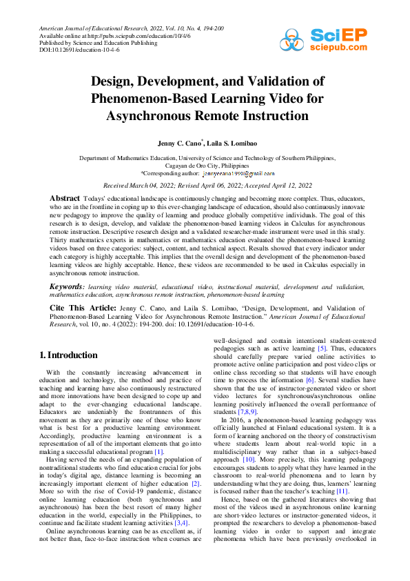 Pdf Design Development And Validation Of Phenomenon Based Learning Video For Asynchronous 8276