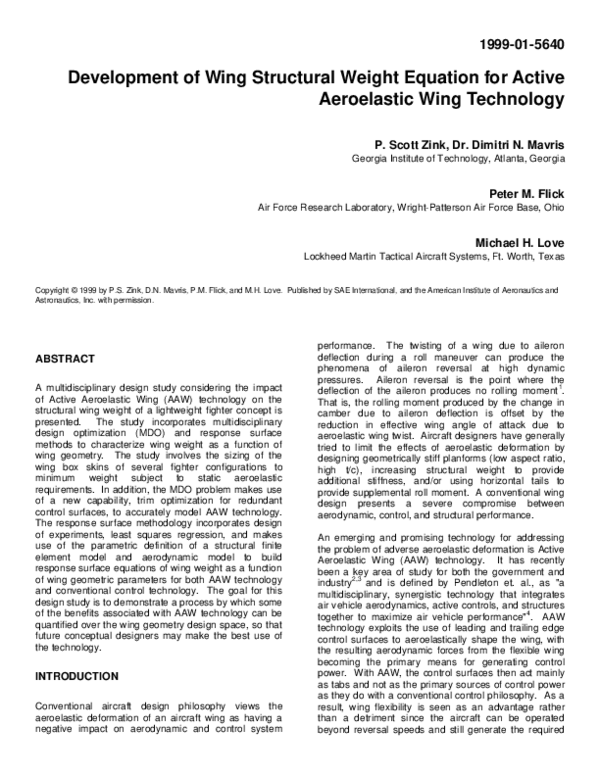 (PDF) Development of Wing Structural Weight Equation for Active Aeroelastic Wing Technology
