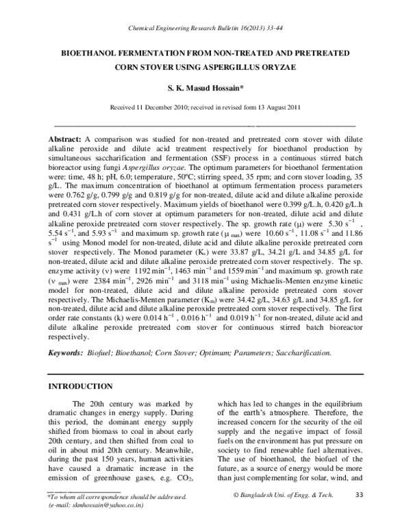 (PDF) Bioethanol Fermentation from Non-Treated and Pretreated Corn Stover using Aspergillus Oryzae