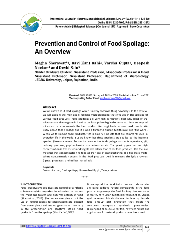 (PDF) Prevention and Control of Food Spoilage: An Overview (Review Article)