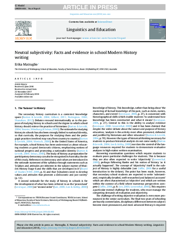(PDF) Neutral subjectivity: Facts and evidence in school Modern History ...