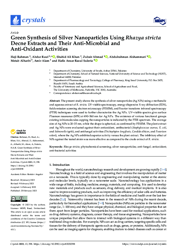 (PDF) Green Synthesis of Silver Nanoparticles Using Rhazya stricta Decne Extracts and Their Anti ...