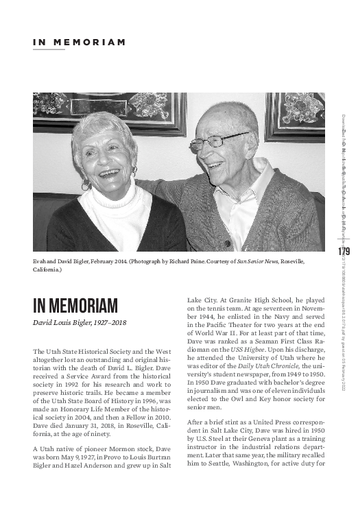 (PDF) In Memoriam: David Louis Bigler, 1927–2018