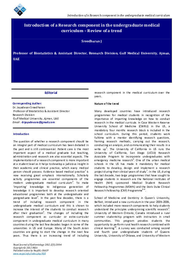 (PDF) Introduction of a Research component in the undergraduate medical ...