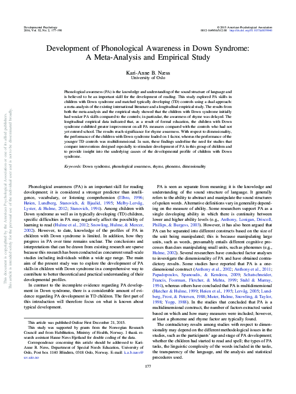 (PDF) Development of phonological awareness in Down syndrome: A meta-analysis and empirical study