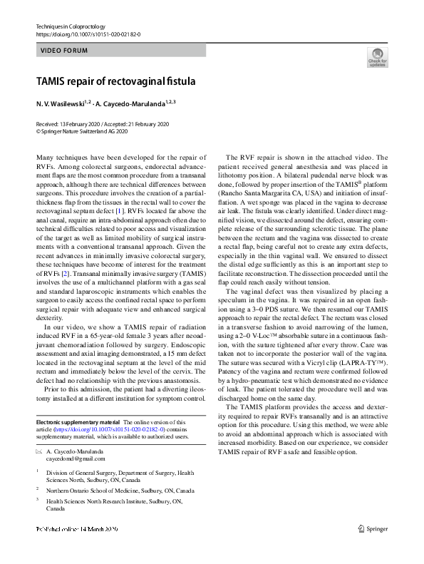 (PDF) TAMIS repair of rectovaginal fistula | Antonio Caycedo - Academia.edu