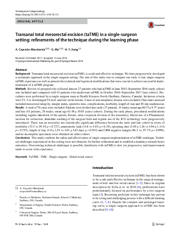 (PDF) Transanal total mesorectal excision (taTME) in a single-surgeon setting: refinements of ...