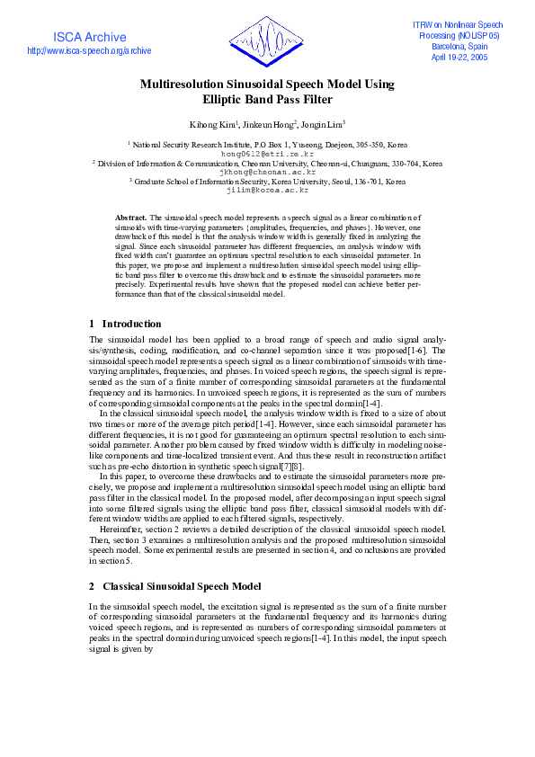 (PDF) Multiresolution sinusoidal speech model using elliptic band pass filter | jongin lim ...