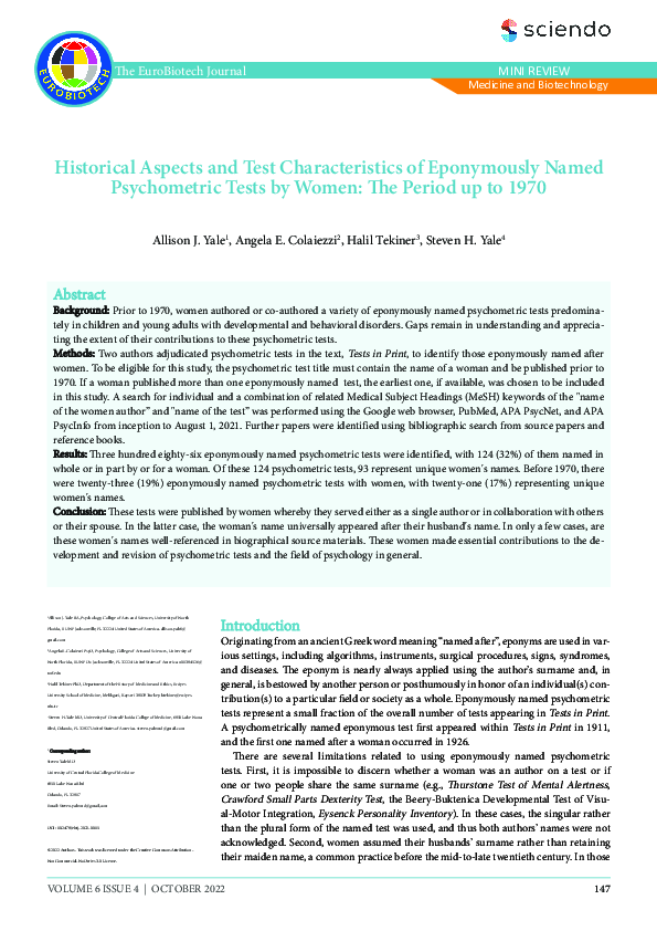 (PDF) Historical Aspects and Test Characteristics of Eponymously Named ...