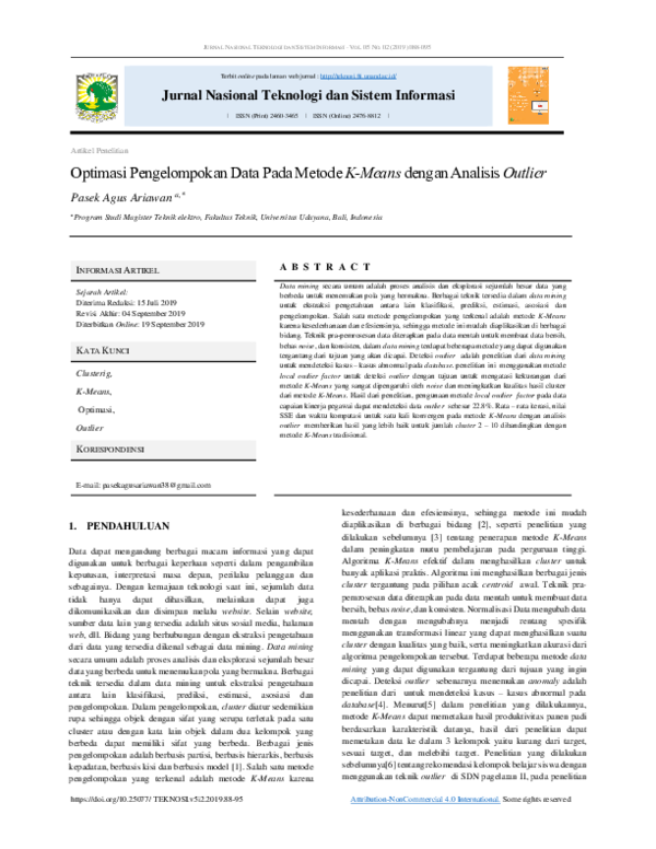 (PDF) Optimasi Pengelompokan Data Pada Metode K-means dengan Analisis Outlier