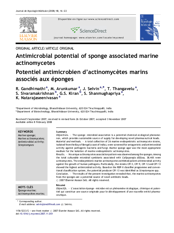 (PDF) Antimicrobial potential of sponge associated marine actinomycetes