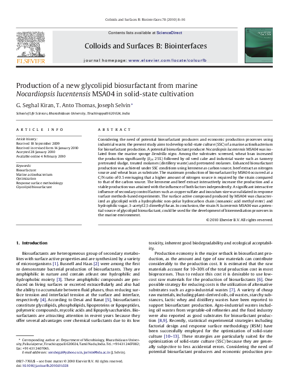 (PDF) Production of a new glycolipid biosurfactant from marine ...