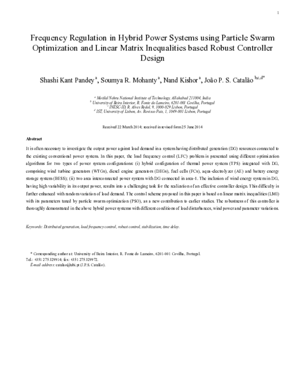Pdf Frequency Regulation In Hybrid Power Systems Using Particle Swarm Optimization And Linear