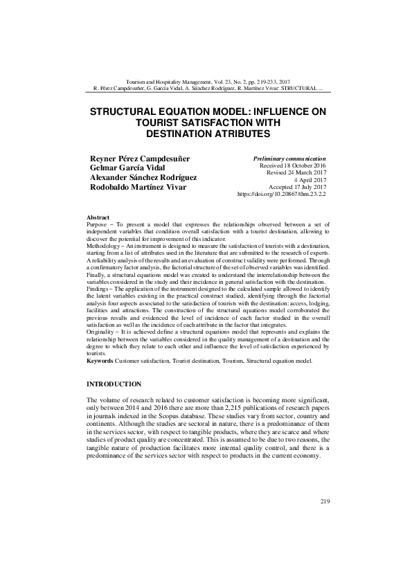 Pdf Structural Equation Model Influence On Tourist Satisfaction With