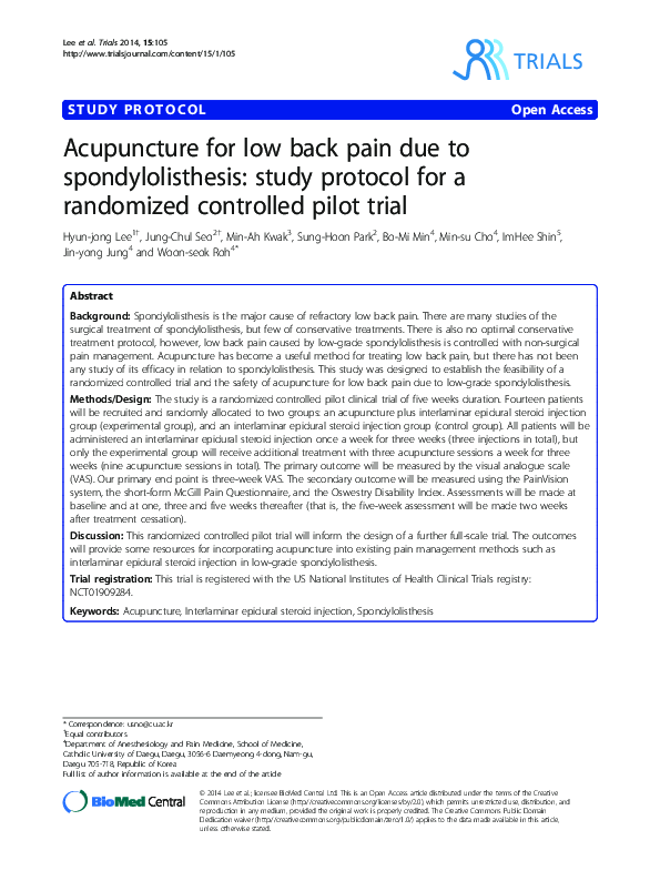(PDF) Acupuncture for low back pain due to spondylolisthesis: study ...